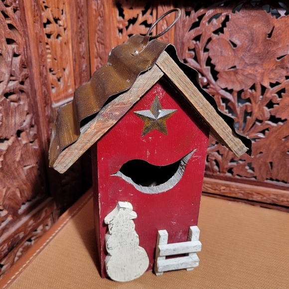 Holiday | Rustic Wood Red Birdhouse With Snowman And Metal Roof | Poshmark